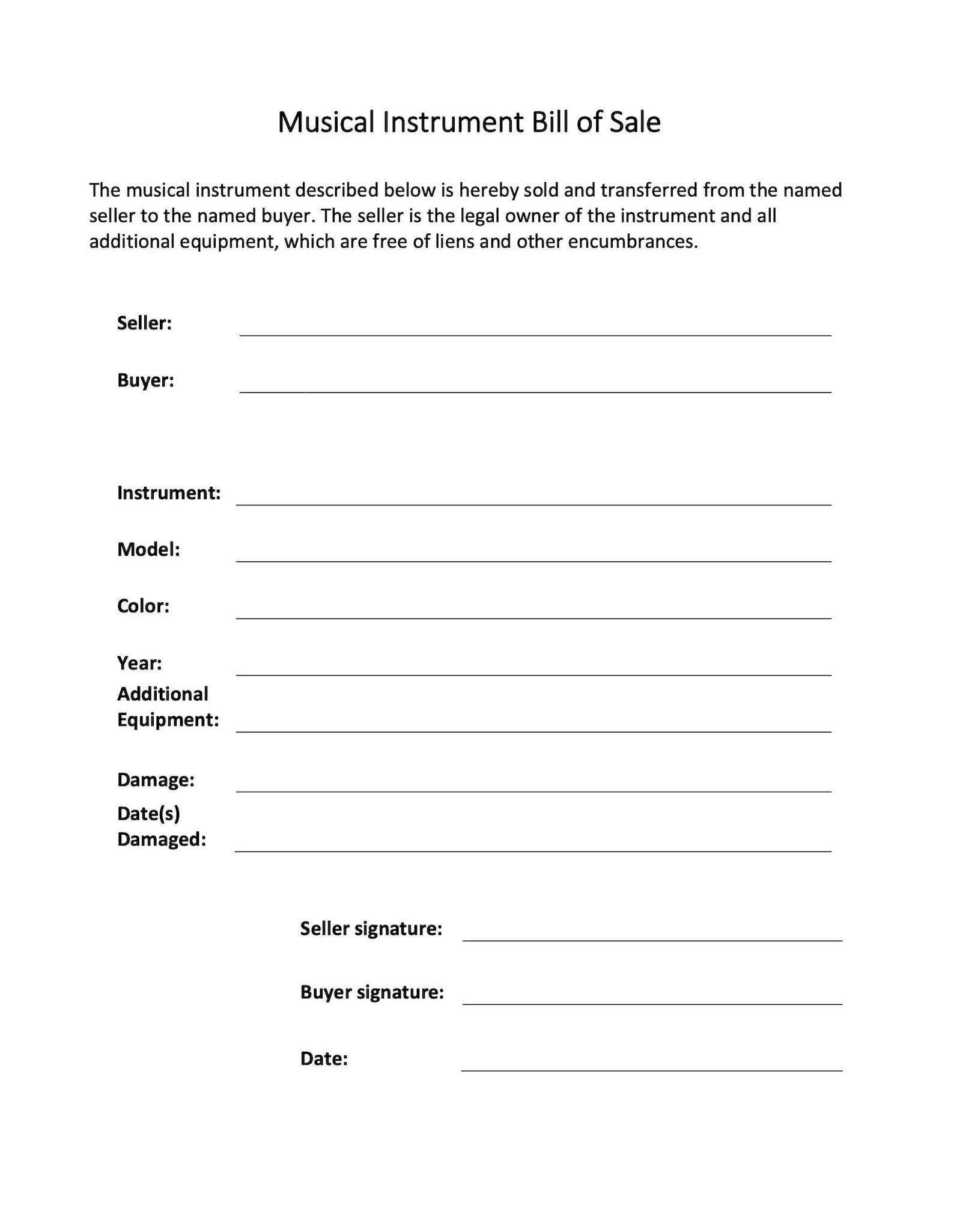 Musical Instrument Bill of Sale Guitar Drums Piano Keyboard Sale ...