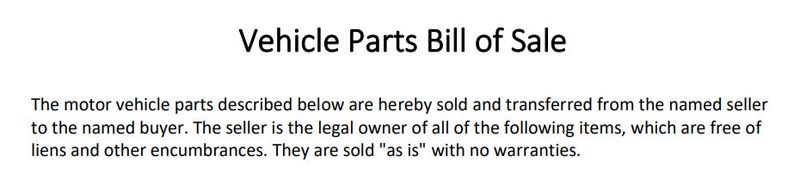 Vehicle Parts Bill of Sale Used Parts Engine Sale Contract Part ...
