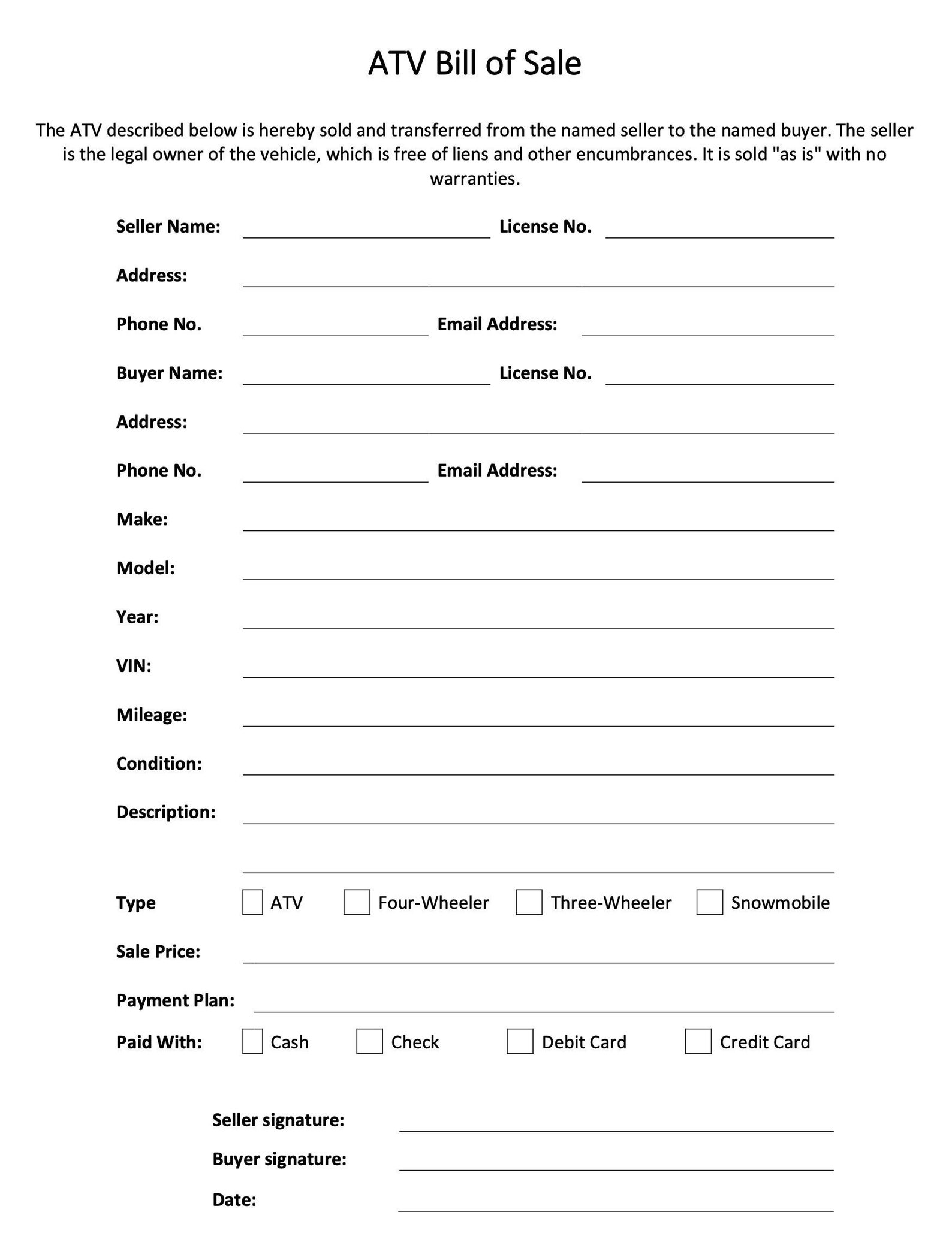 ATV Bill of Sale Four Wheeler Snowmobile Sale Contract Auto Dealership ...