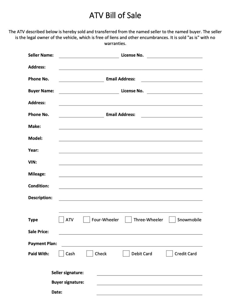 ATV Bill of Sale Four Wheeler Snowmobile Sale Contract Auto Dealership ...