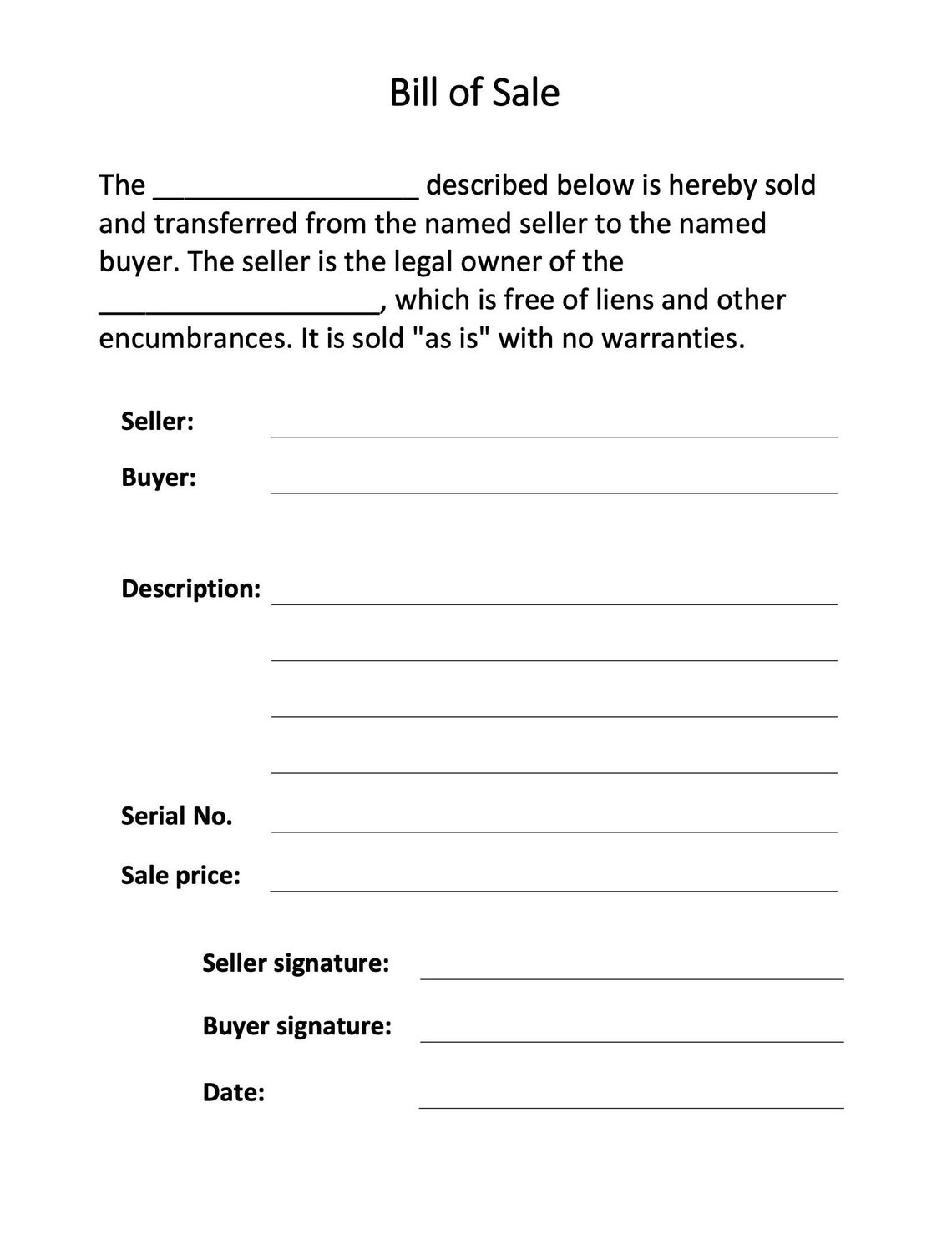 Large Print Bill of Sale Visually Impaired Sale Contract Item Product ...