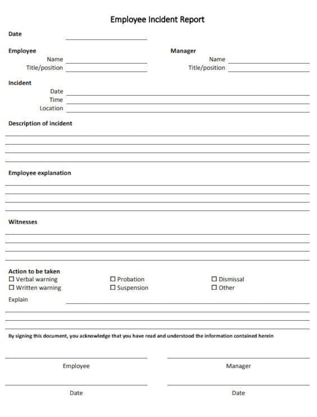 Employee Incident Report Form Accident at Work Form Employee Policy ...