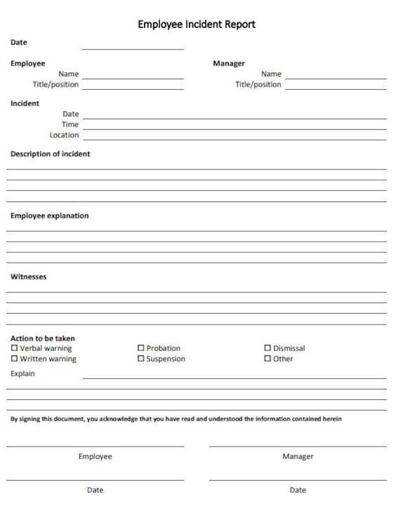 Employee Incident Report Form Accident at Work Form Employee Policy ...