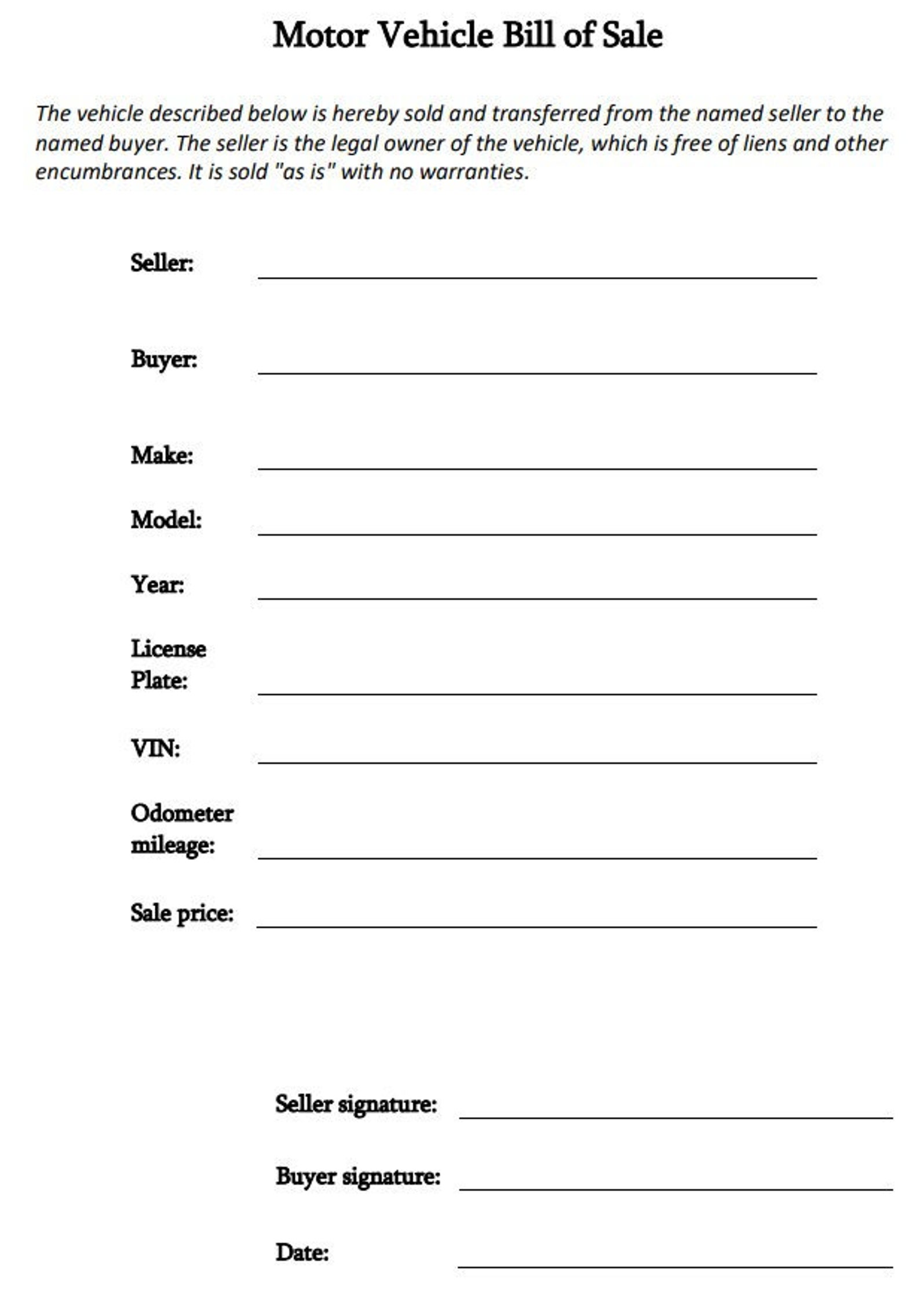 Auto Vehicle Bill of Sale Template Car, Truck, Van, 4x4 Sale Contract ...