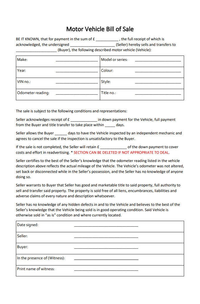 Motor Vehicle Bill of Sale Car Truck Van 4x4 Sale Contract Auto ...