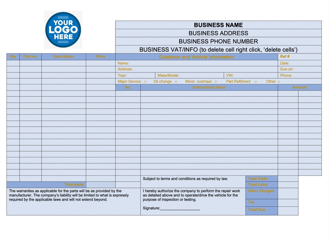 Auto Repair Invoice Bill Ticket Order Estimate Workshop Technician ...