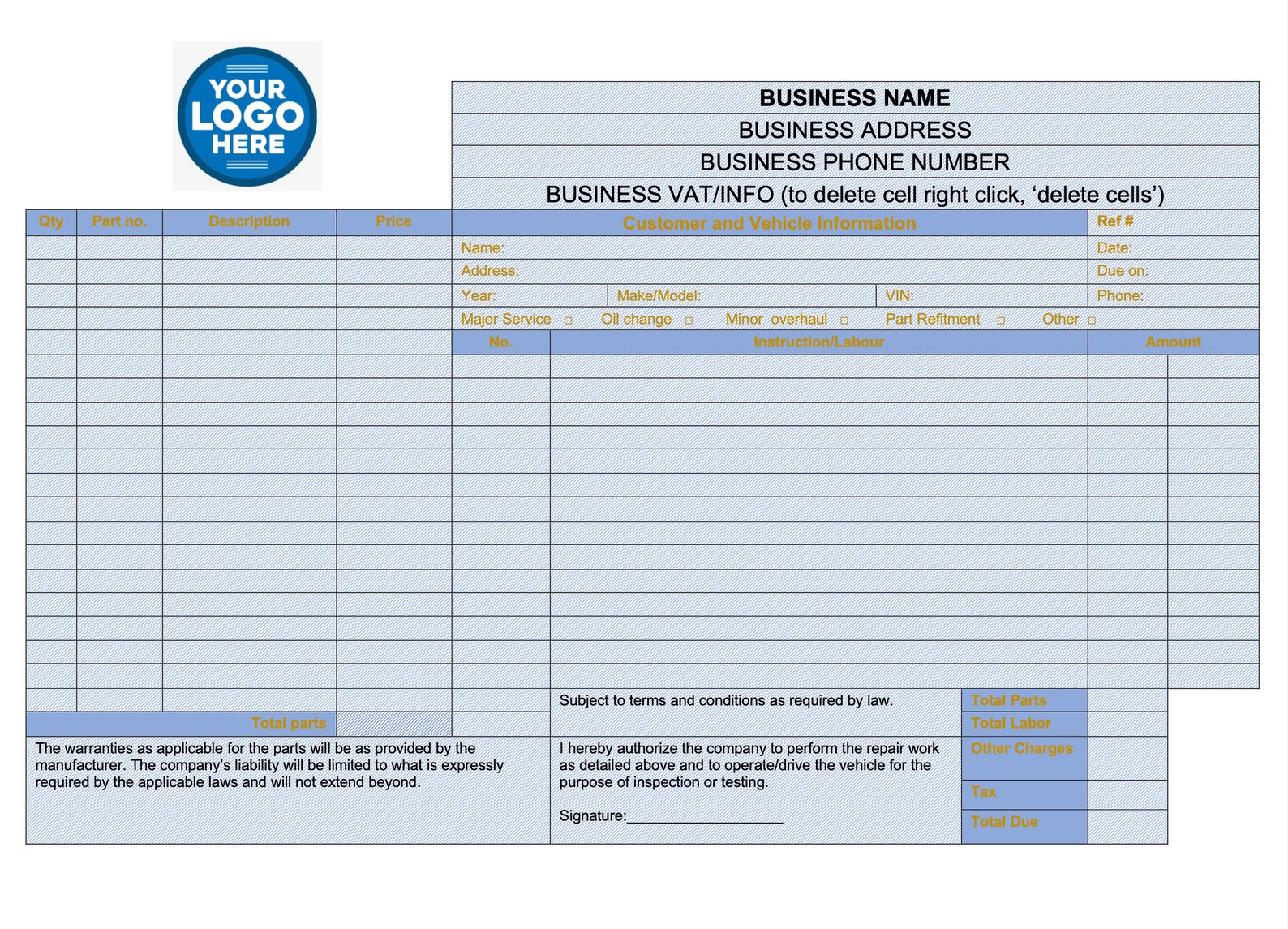 Auto Repair Invoice Bill Ticket Order Estimate Workshop Technician ...