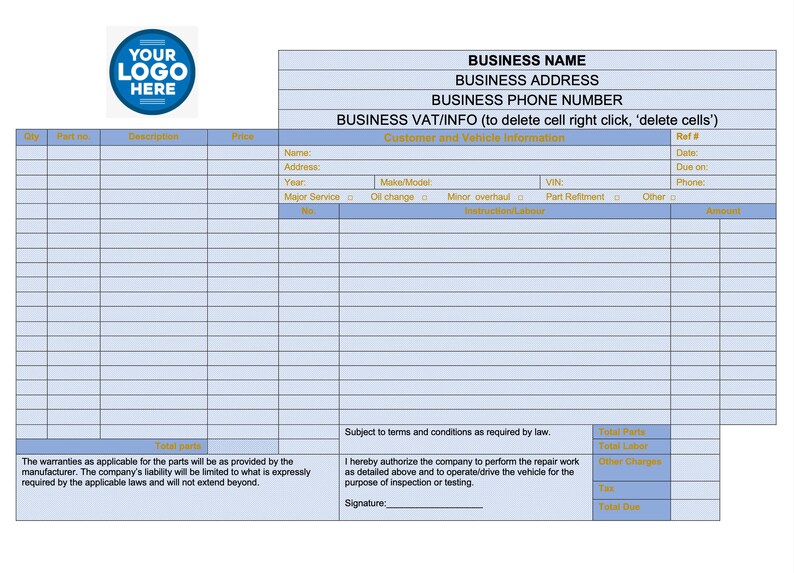 Auto Repair Invoice Bill Ticket Order Estimate Workshop Technician ...