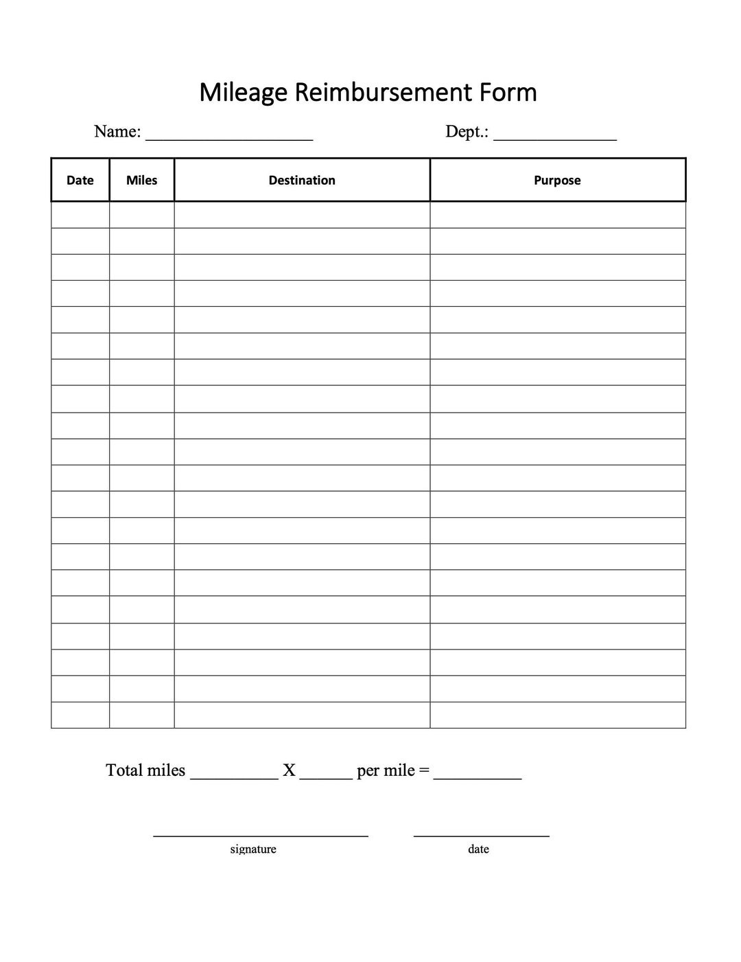 Mileage Reimbursement Form Employee Work Form Travel Commute Work ...