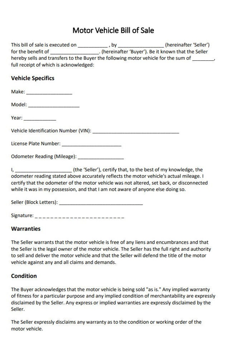 Motor Vehicle Invoice Sale Car Truck Van 4x4 Bill Contract Auto ...