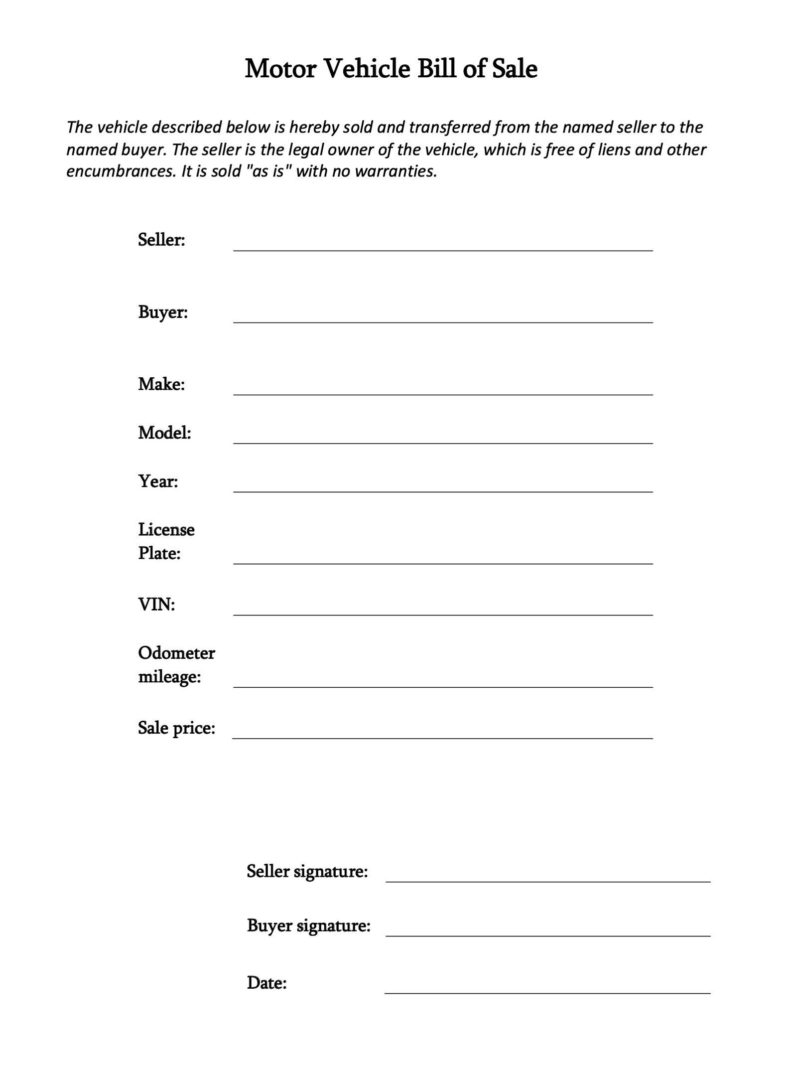 Motor Vehicle Bill of Sale Car Truck Van 4x4 Sale Contract Auto ...