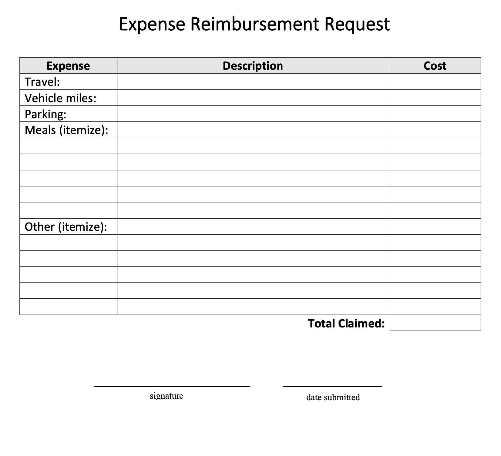 Expense Reimbursement Request Report Form Business Company Personal ...