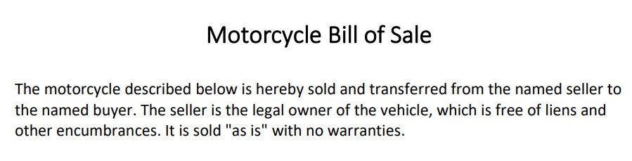 Motorcycle Bill of Sale Motorbike Quadbike Sale Contract Auto ...