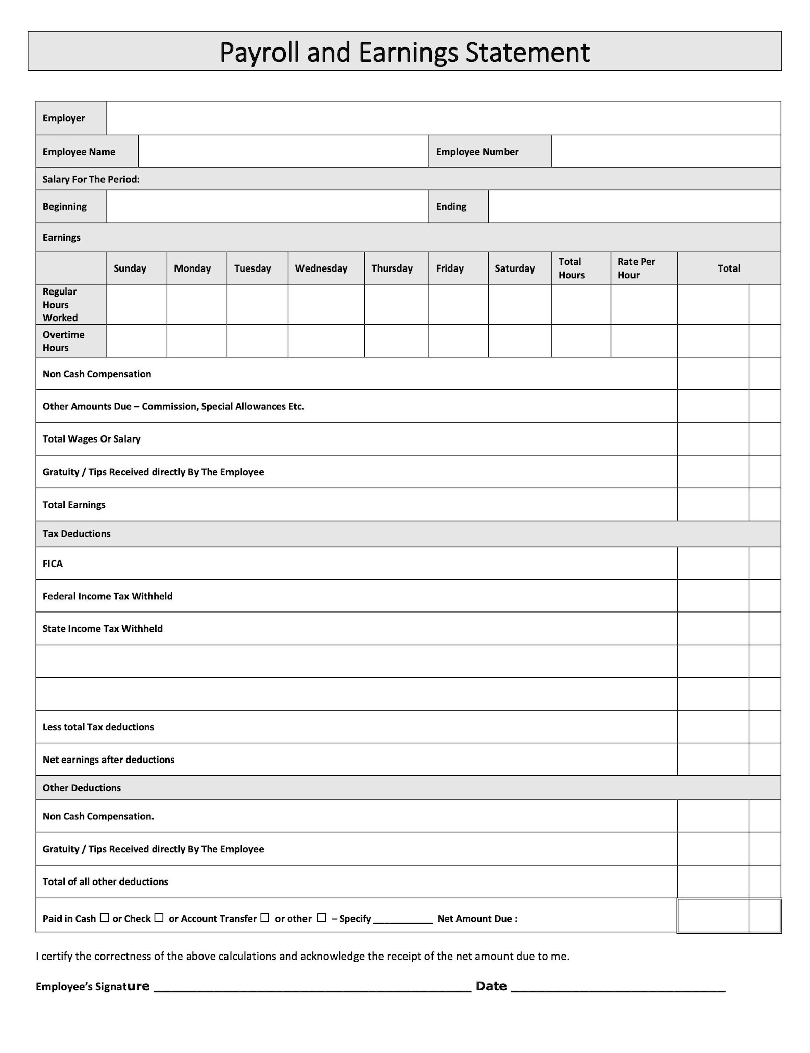 Employee Payroll Statement Form Employee Work Form Employee Wages Due ...