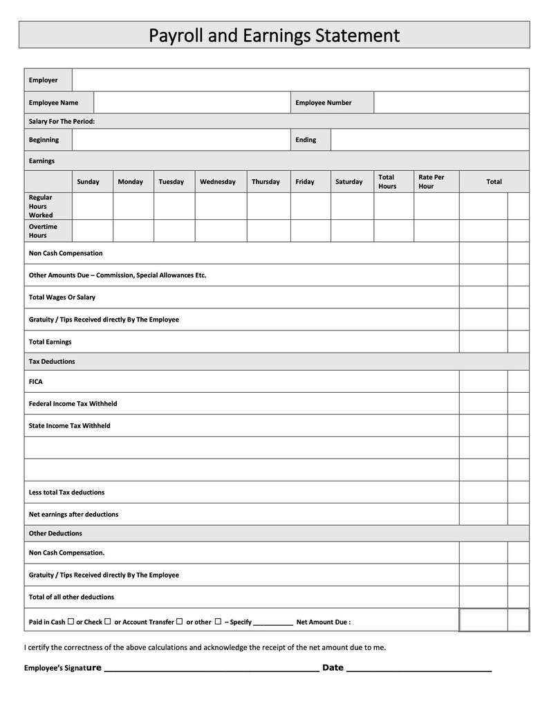 Employee Payroll Statement Form Employee Work Form Employee Wages Due ...