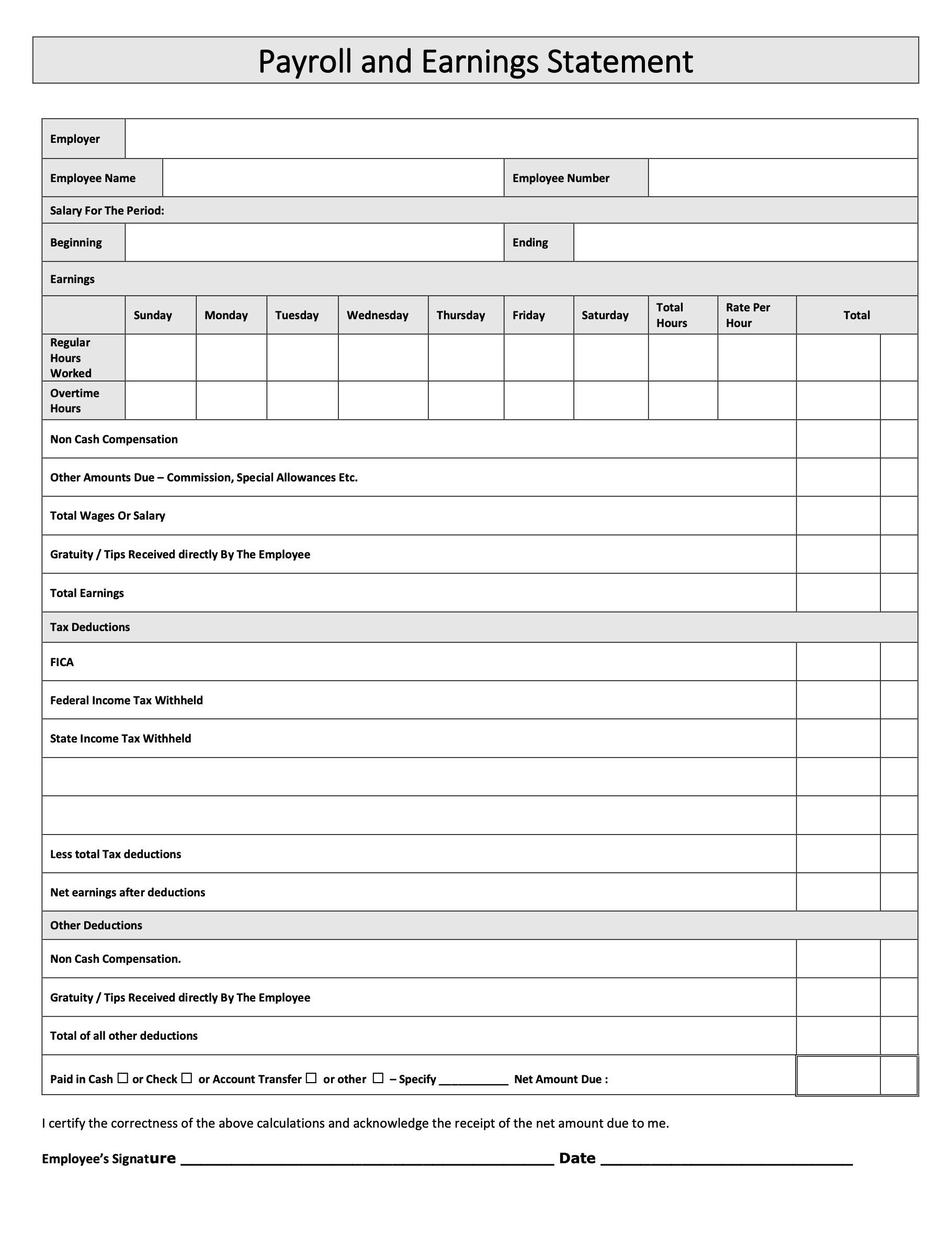 Employee Payroll Statement Form Employee Work Form Employee Wages Due ...