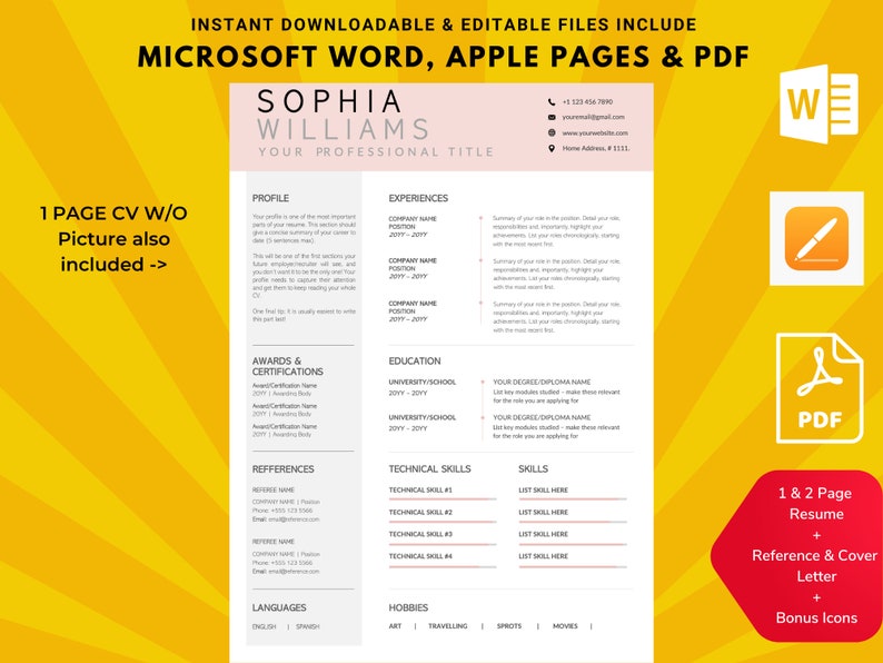 CV Template Resume Editable, Professional Resume 2 Page, Minimalist ...