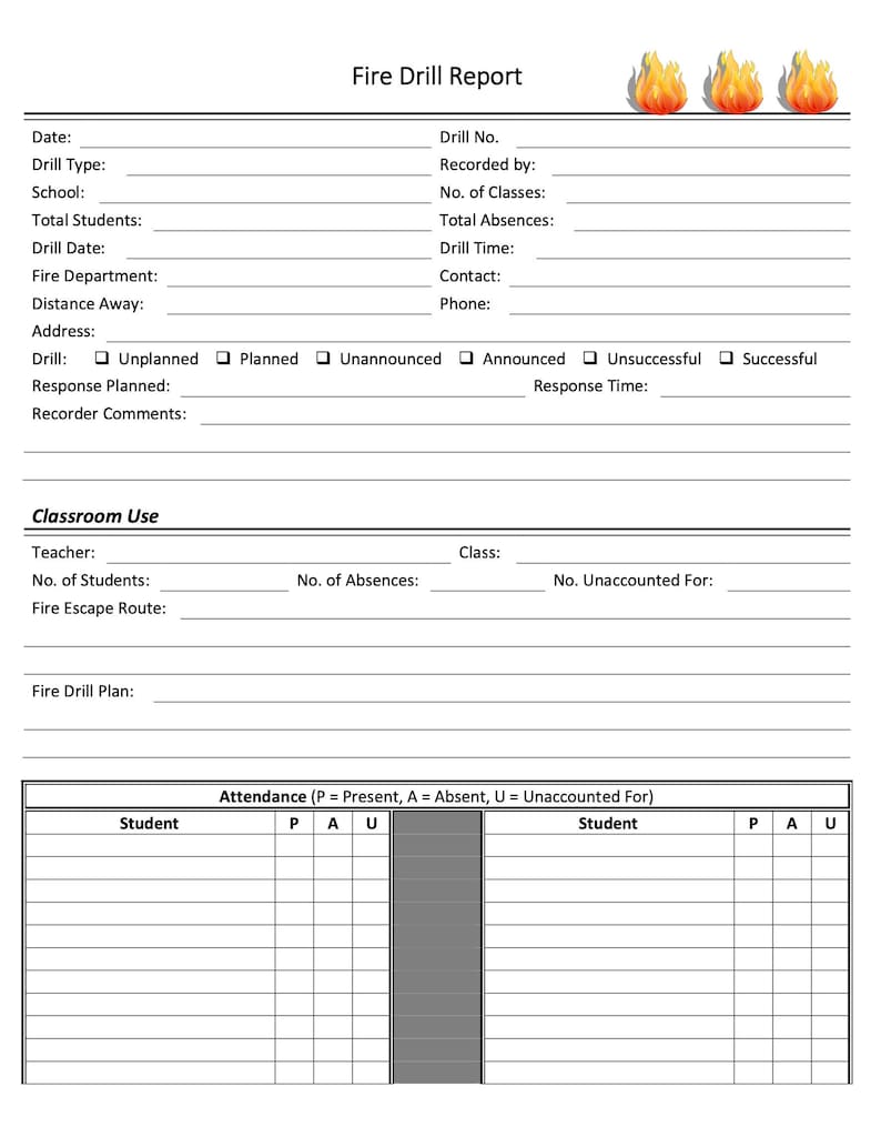Fire Drill Report School Office Business Company Fire Drill Form Fire ...