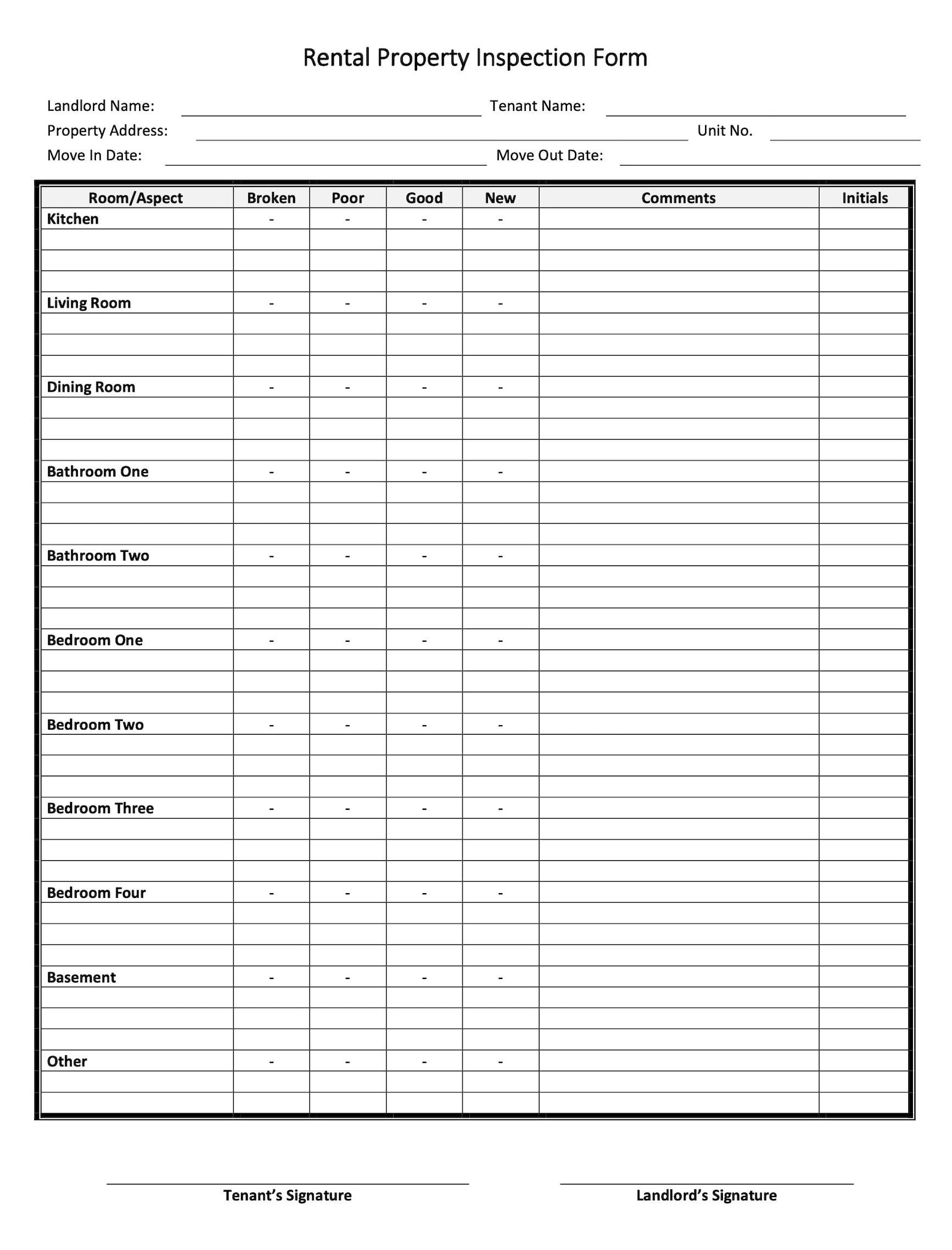 Rental Inspection Report Form Landlord Letting Agent Agency Company ...
