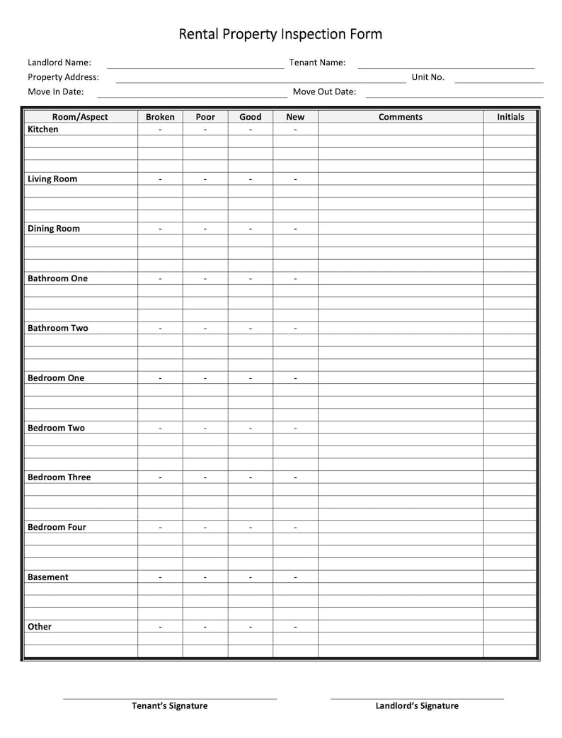 Rental Inspection Report Form Landlord Letting Agent Agency Company ...