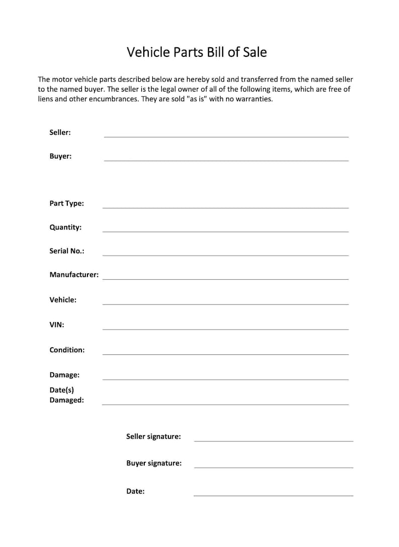 Vehicle Parts Bill of Sale Used Parts Engine Sale Contract Part ...