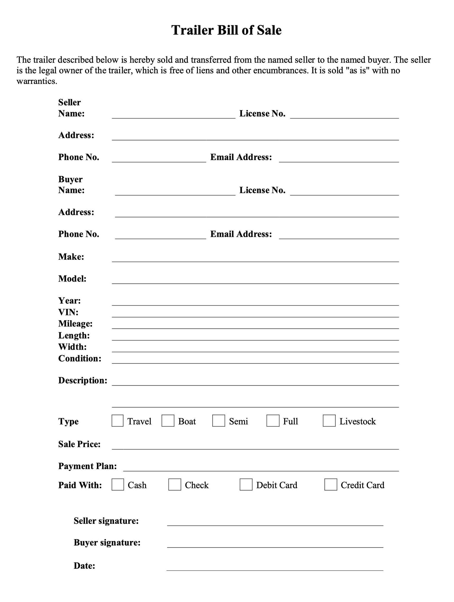 Trailer Bill of Sale Travel Semi Full Truck Sale Contract Auto ...