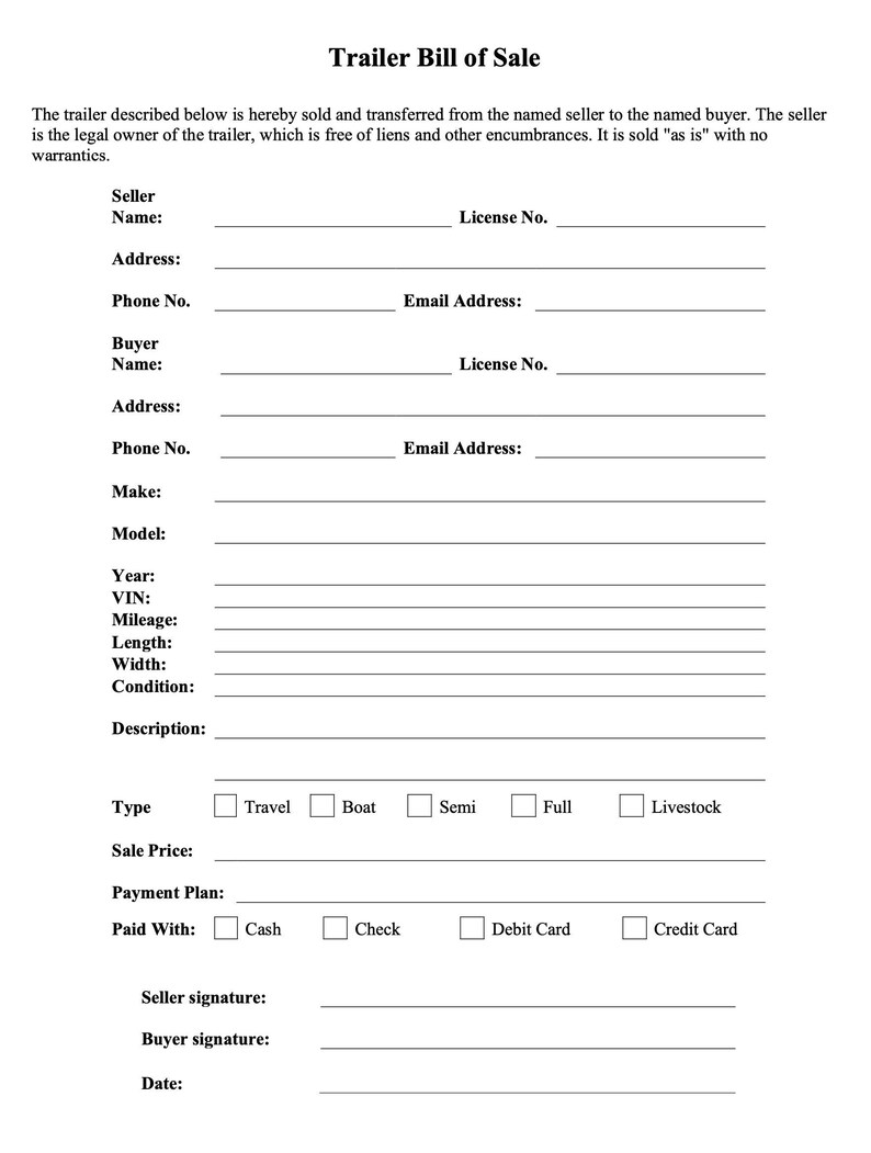 Trailer Bill of Sale Travel Semi Full Truck Sale Contract Auto ...