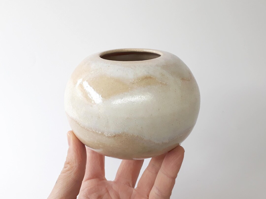 Vintage Japanese Small Round Vase Minimalist Studio Ceramic Cream White ...