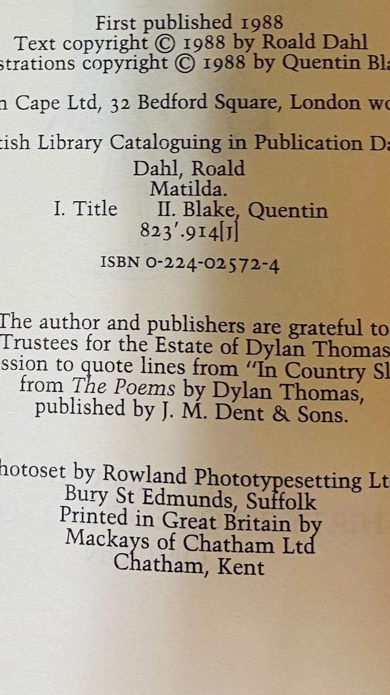 Matilda by Roald Dahl, 1988 First Edition, First Print - Etsy