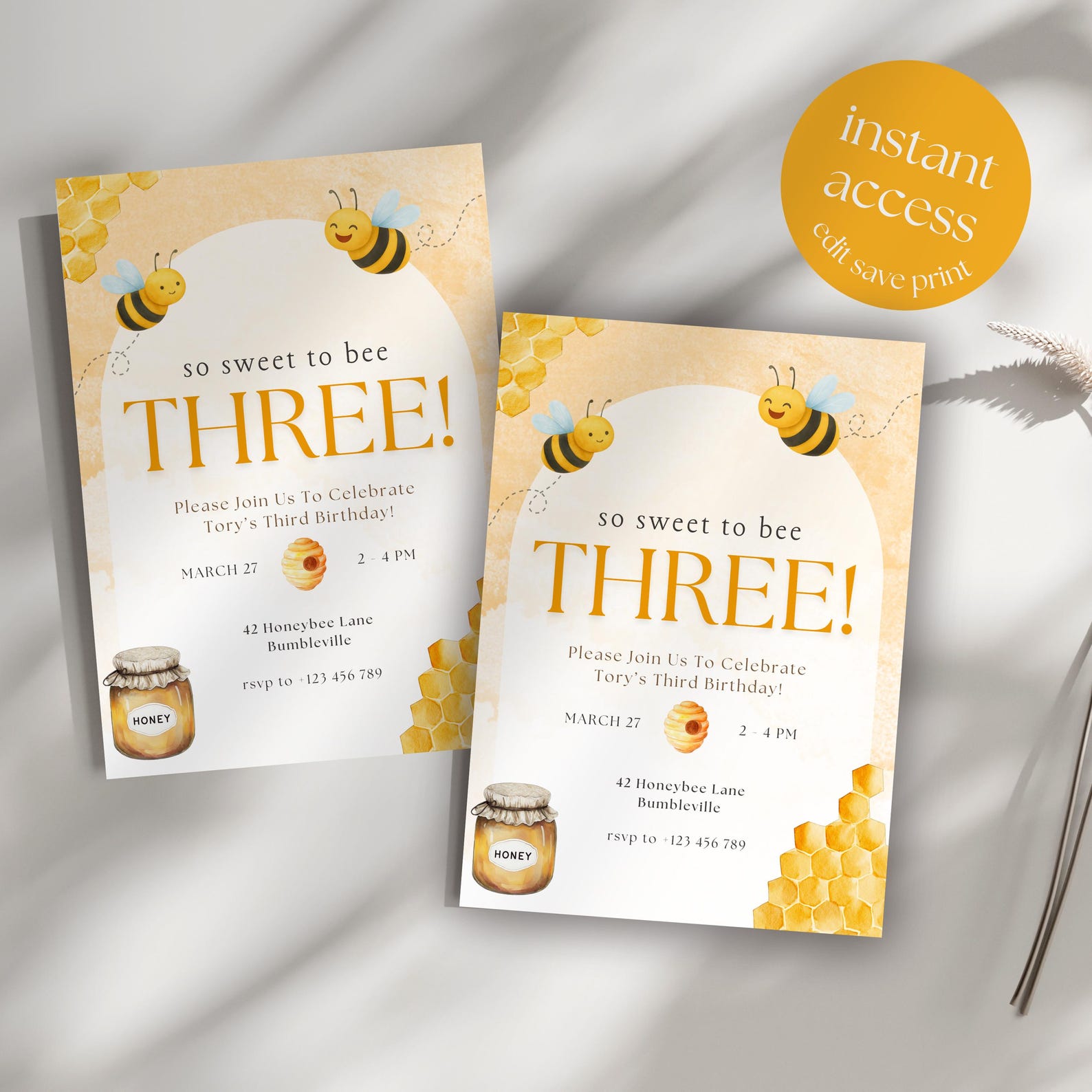 Editable so Sweet to Bee Three Third Birthday Invitation - Printable ...