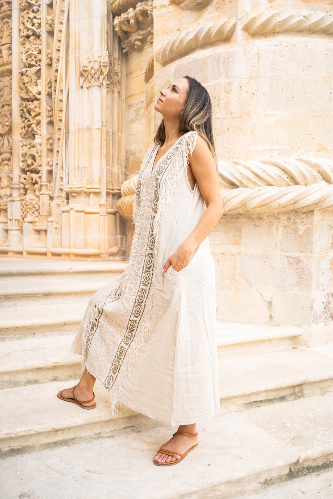 Long Women Dress - Tribal Robe - Pattern Dress for Girl - Natural Fiber ...