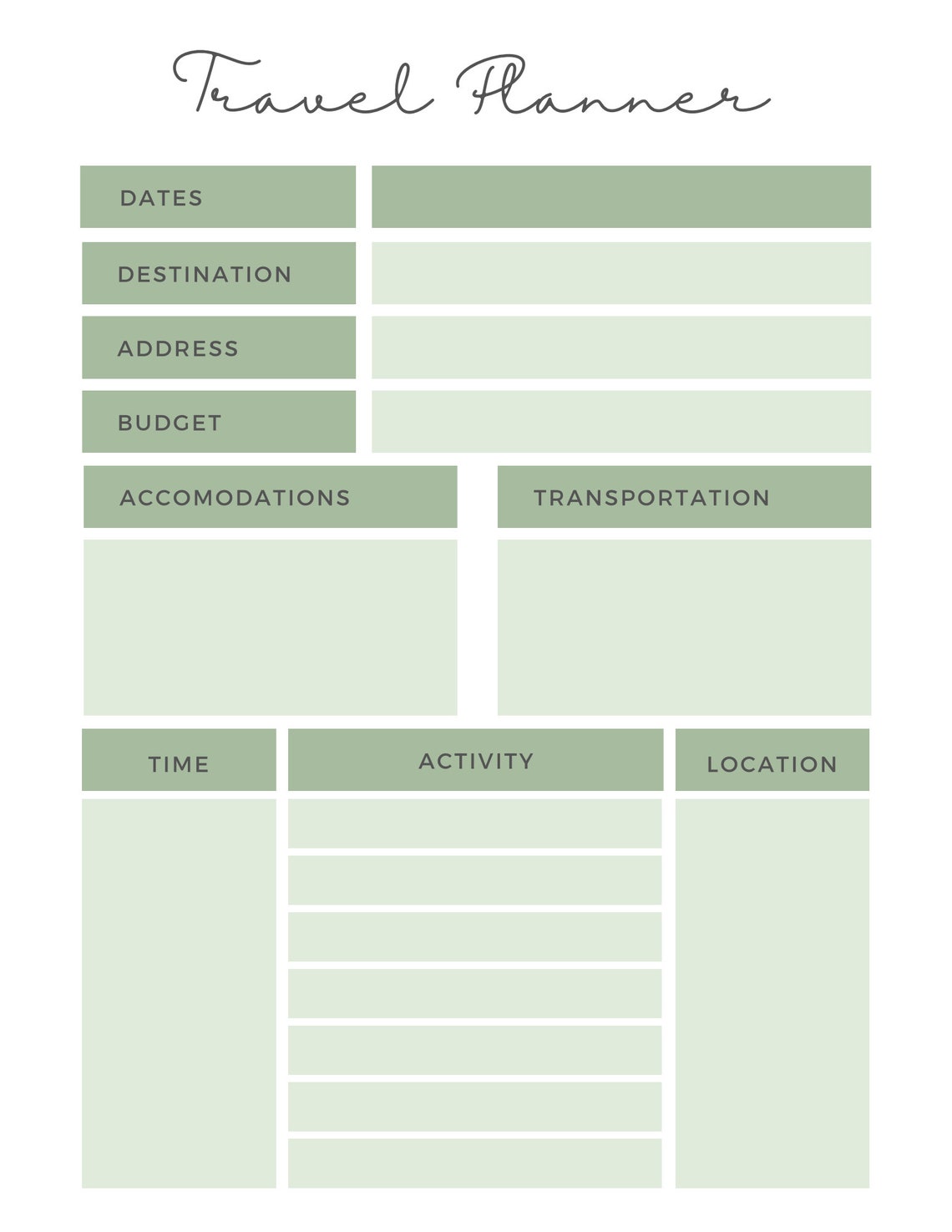 Travel Planner Printable Minimal Hiking Planner Printout Vacation ...