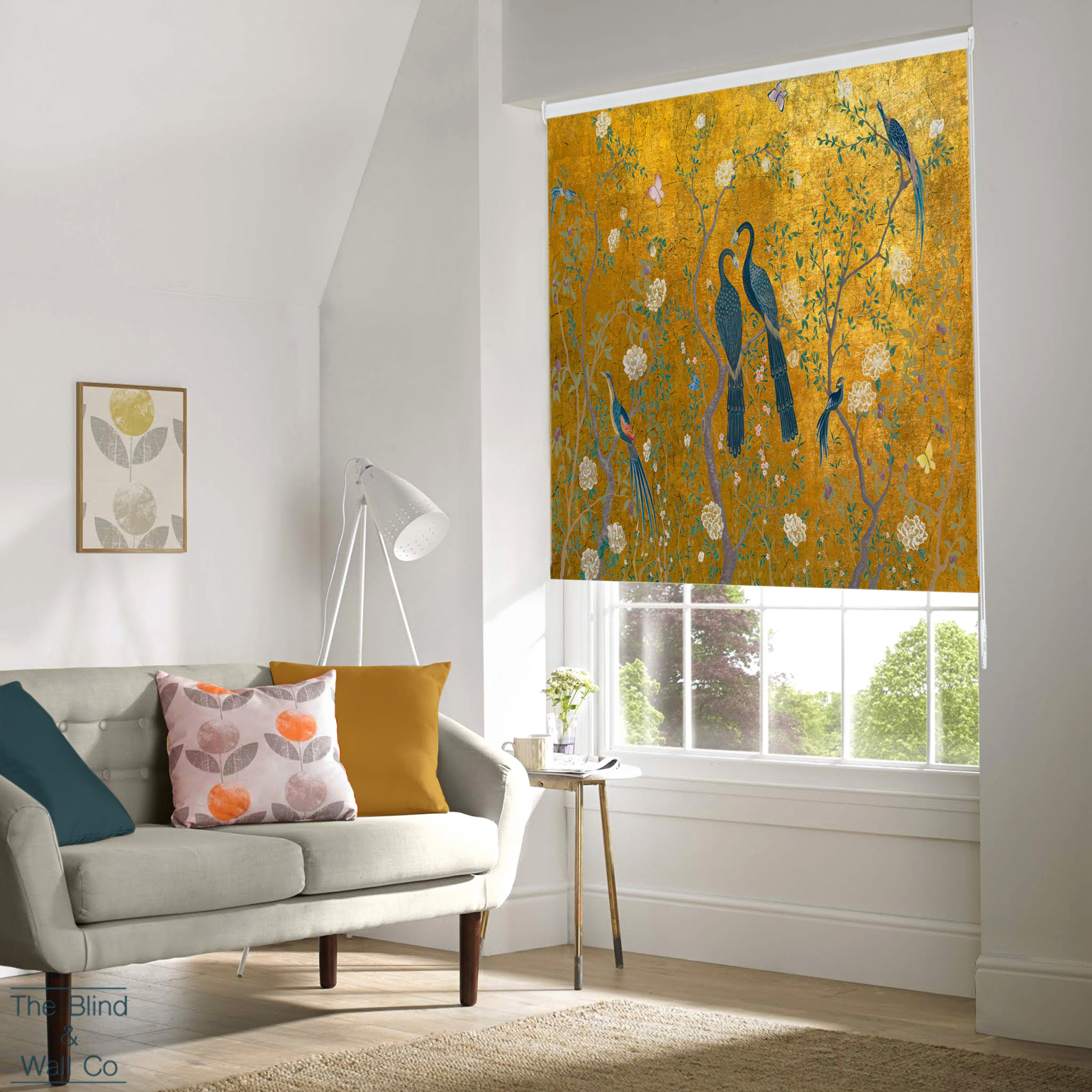 Vintage Golden Chinoiserie Roller Shades, Peacock and Elegant Birds Roller Blinds, Dining ...