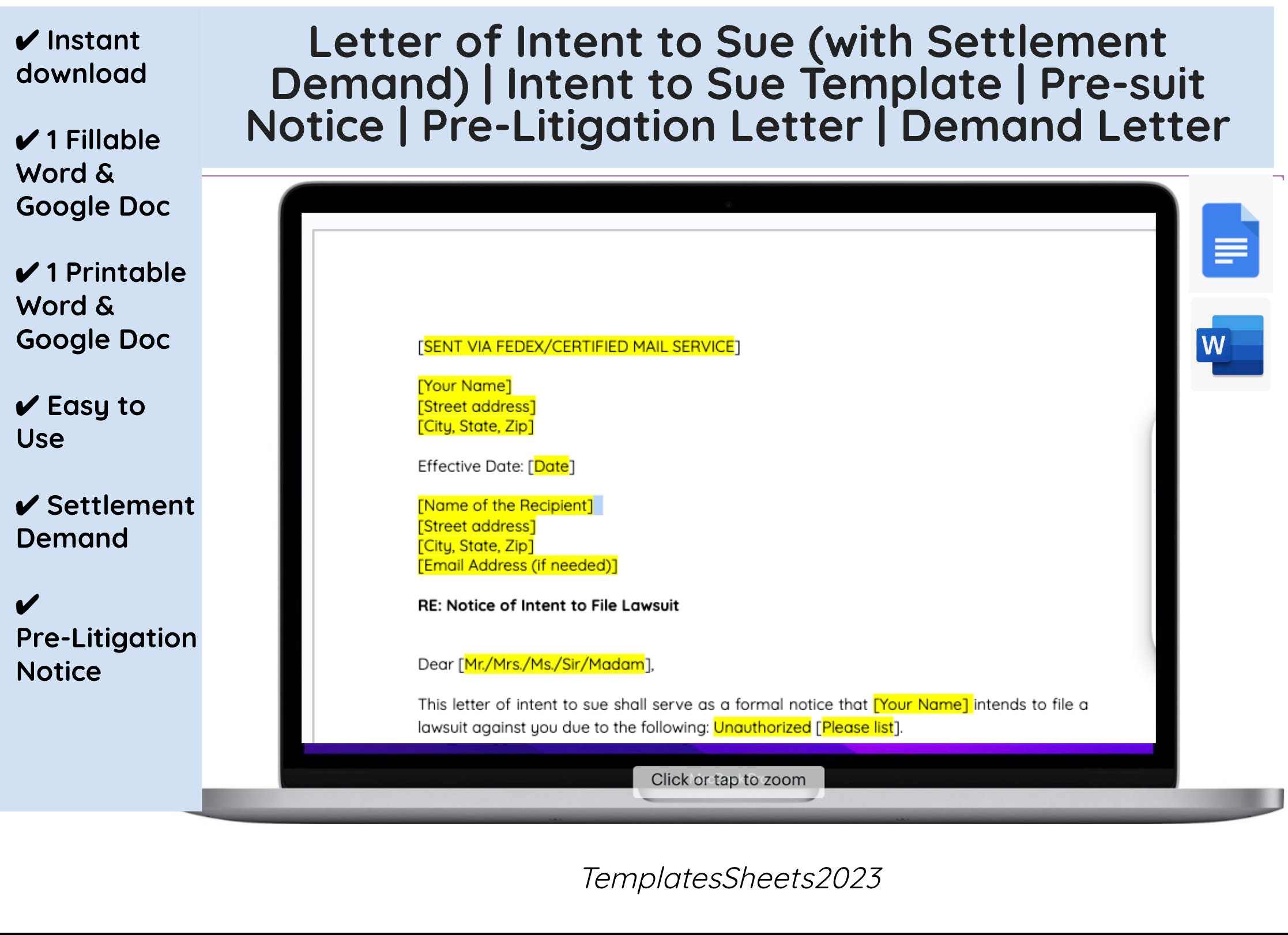 Letter of Intent to Sue (with Settlement Demand) | Intent to Sue ...