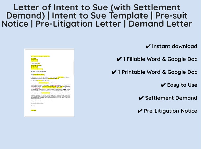 Letter of Intent to Sue (with Settlement Demand) | Intent to Sue ...