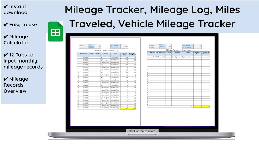 Mileage Travel Log | Mileage Printable | Mileage Excel | Delivery Tracker | Mileage Calculator ...