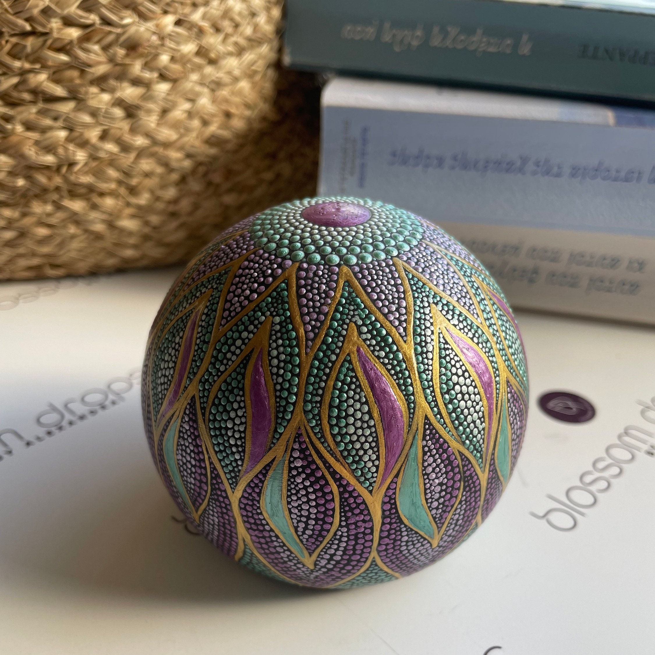 Mandala Stone in Purple and Green, Mandala Dot Art Sphere, Decorative ...