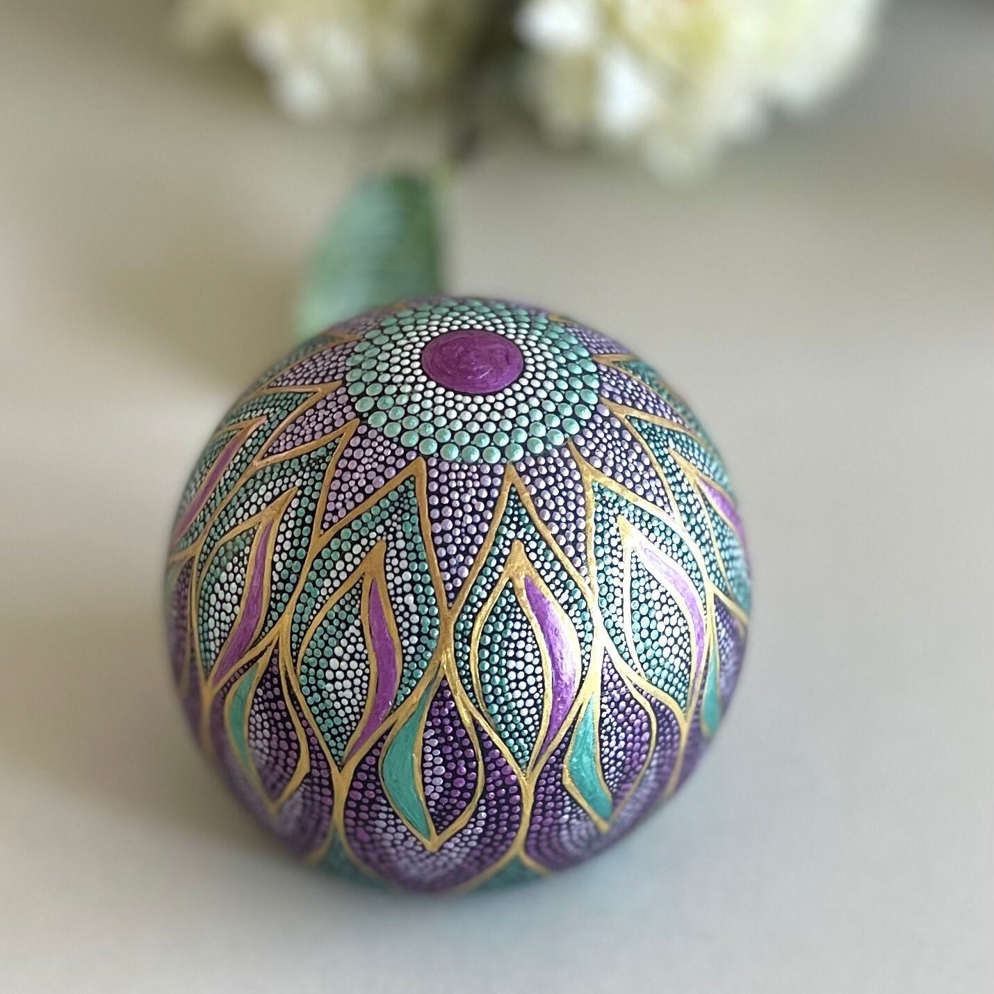 Mandala Stone in Purple and Green, Mandala Dot Art Sphere, Decorative ...