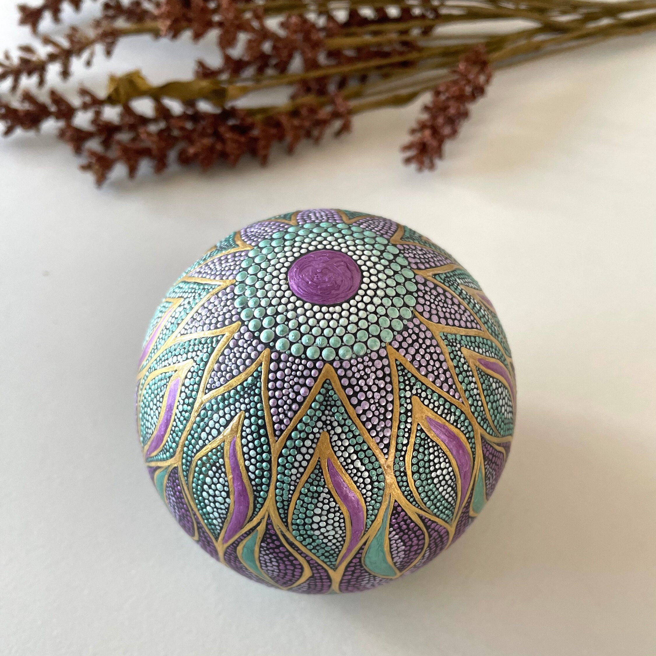 Mandala Stone in Purple and Green, Mandala Dot Art Sphere, Decorative ...