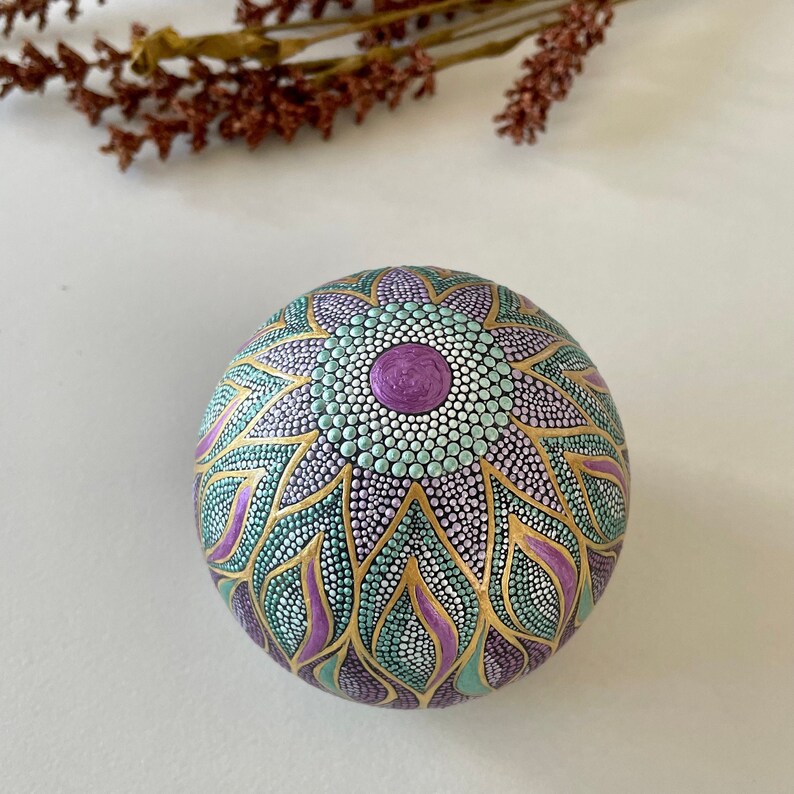 Mandala Stone in Purple and Green, Mandala Dot Art Sphere, Decorative ...