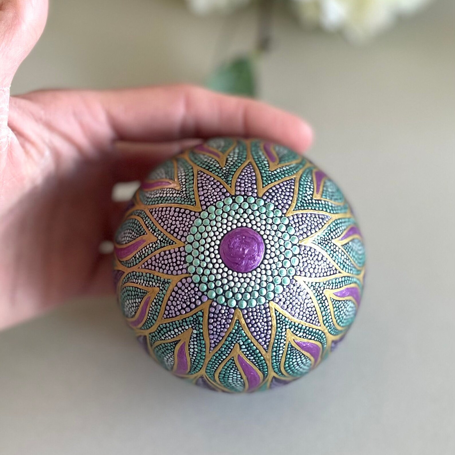 Mandala Stone in Purple and Green, Mandala Dot Art Sphere, Decorative ...
