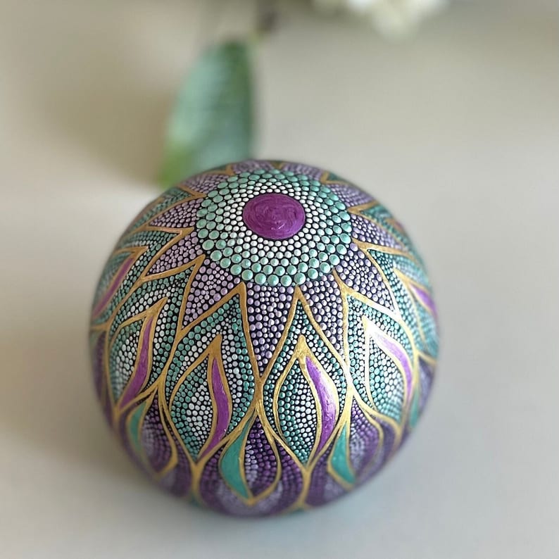 Mandala Stone in Purple and Green, Mandala Dot Art Sphere, Decorative ...