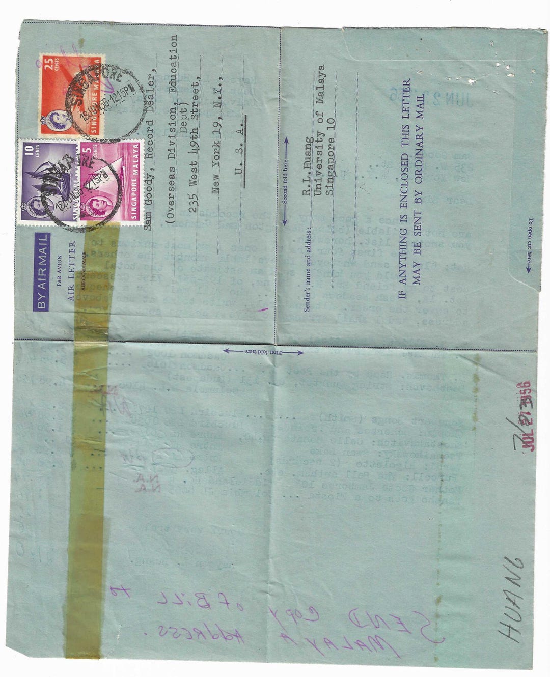 1956 Singapore Airmail Letter to Sam Goody: Vintage University of ...