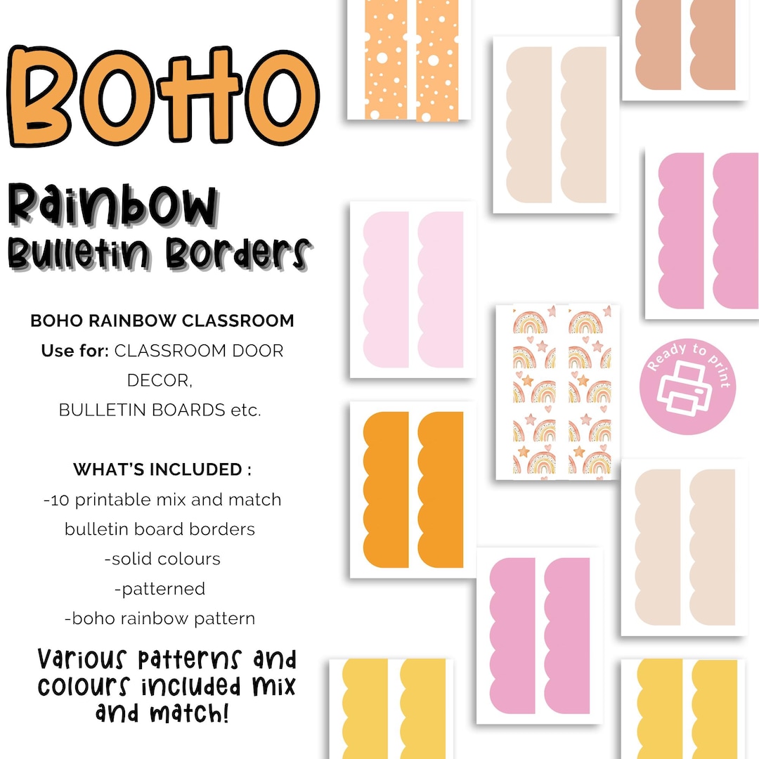 Boho Classroom Decor Printable Bulletin Board Borders Boho Rainbow ...
