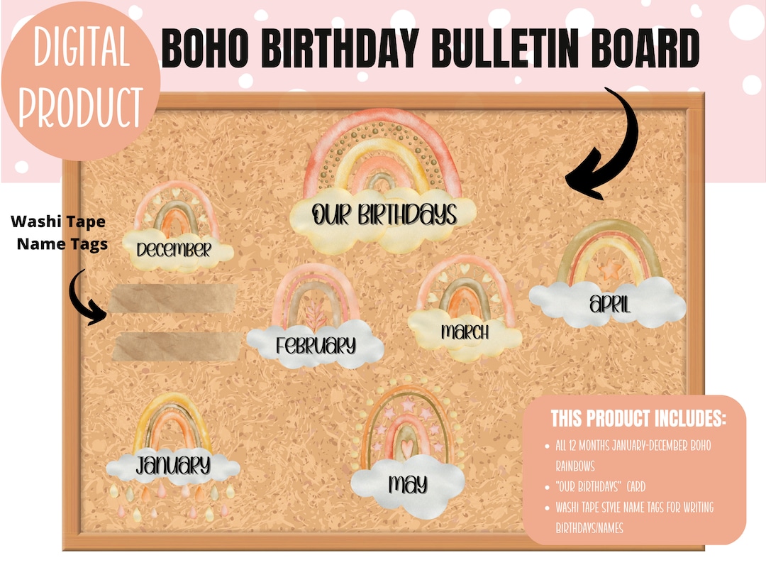 Boho Rainbow Classroom Decor Birthday Board Display Washi Tape ...