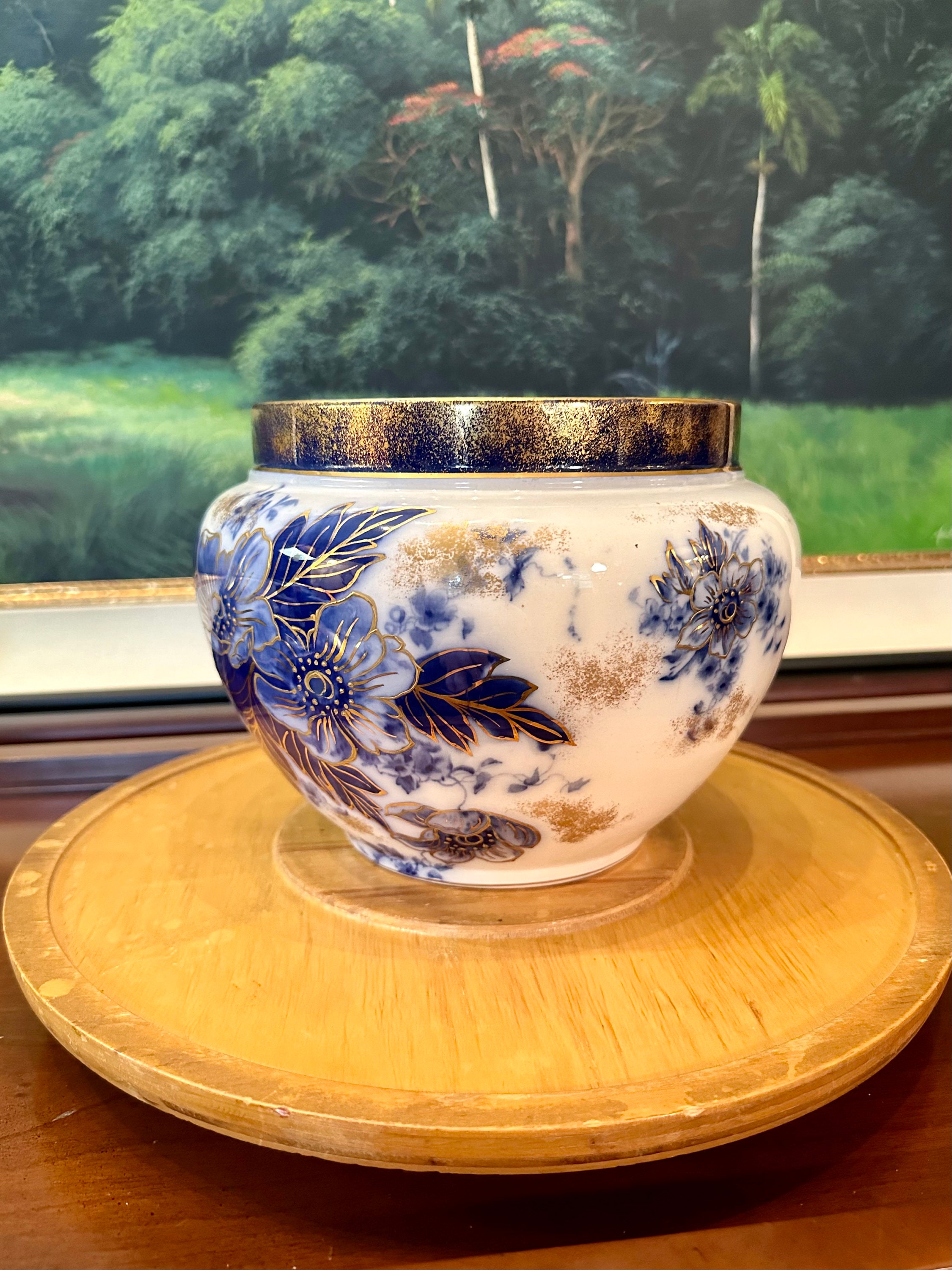 Antique Victorian Jardiniere Pot, Hand Painted Flowers Blue White Gold ...