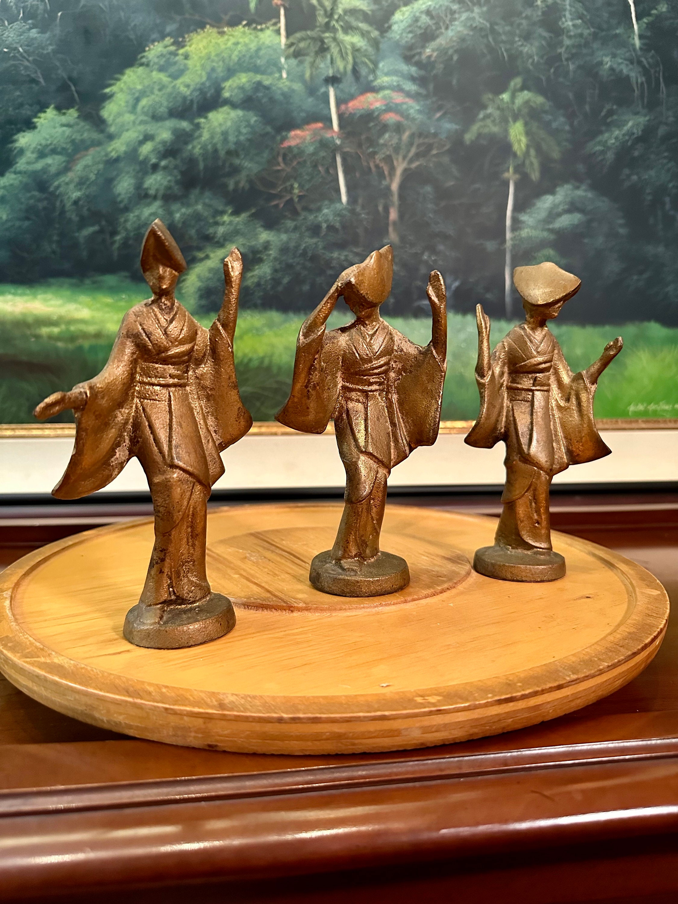 Vintage Set 3 Cast Iron Awa Odori Geisha Dancer Statues Figurines ...