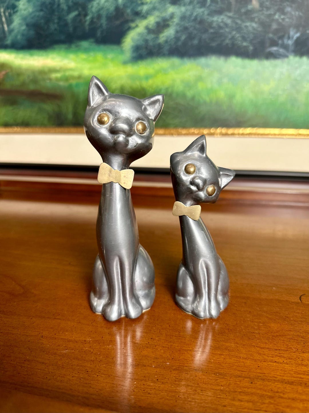 Mid Century Pewter Cat Figurines: Brass Bow Ties, Retro Vintage Shelf ...