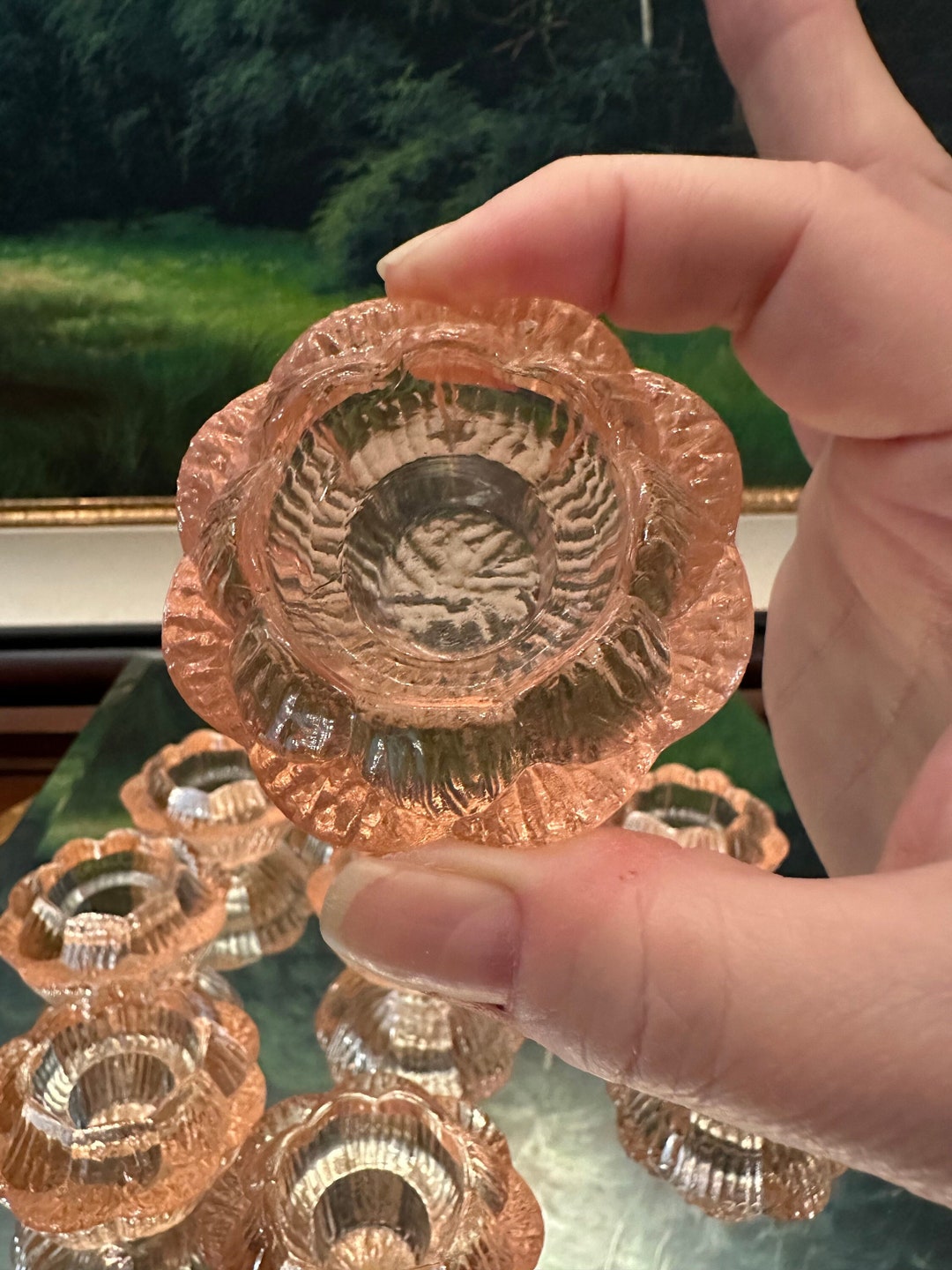 Vintage Pink Ribbed Glass Flower Candle Holders, Heavy Shaped Pressed ...