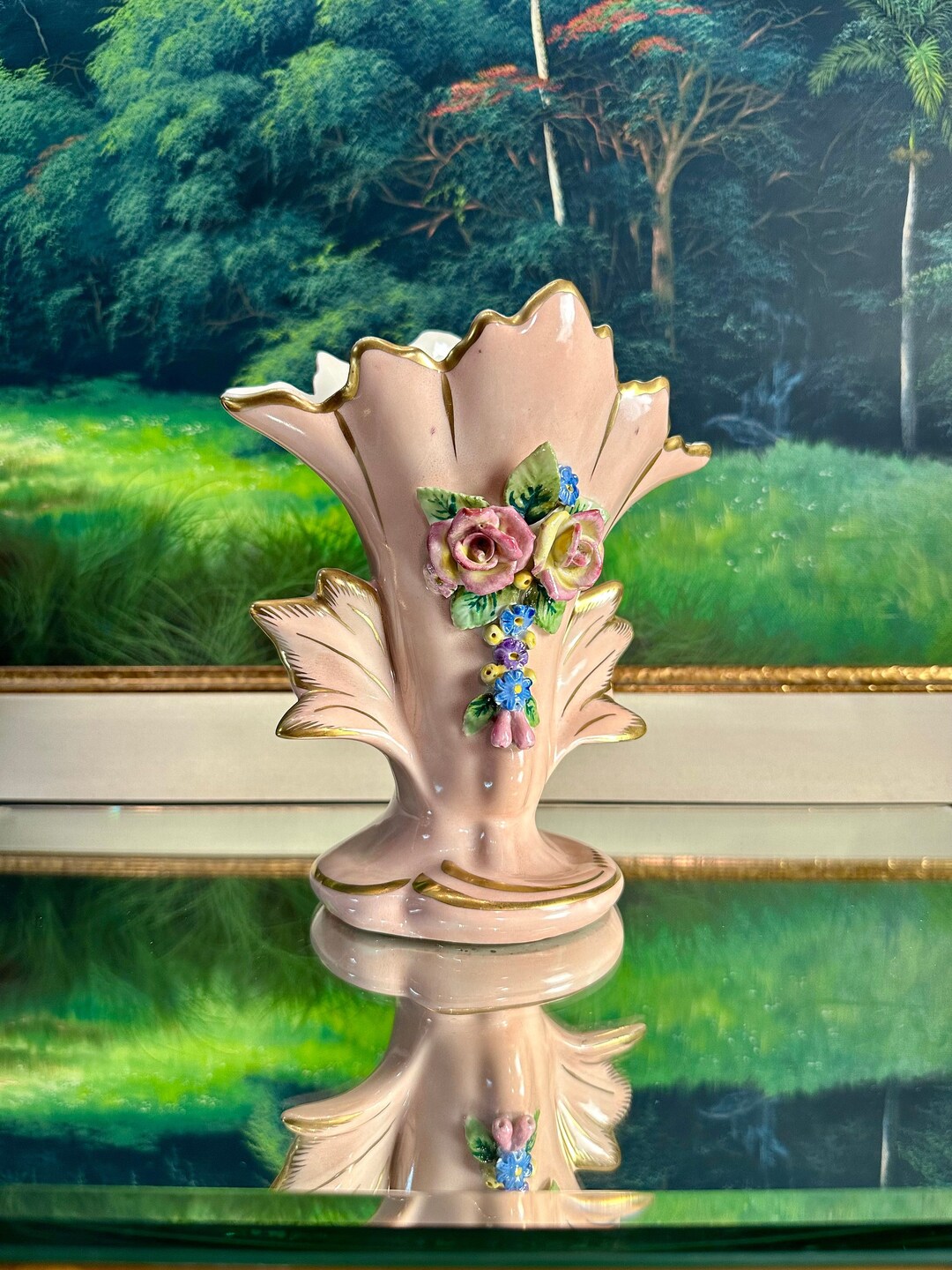 1940s Amoges Pale Pink & Gold Gilt Vase With Molded Flowers, 6.5” Hand ...